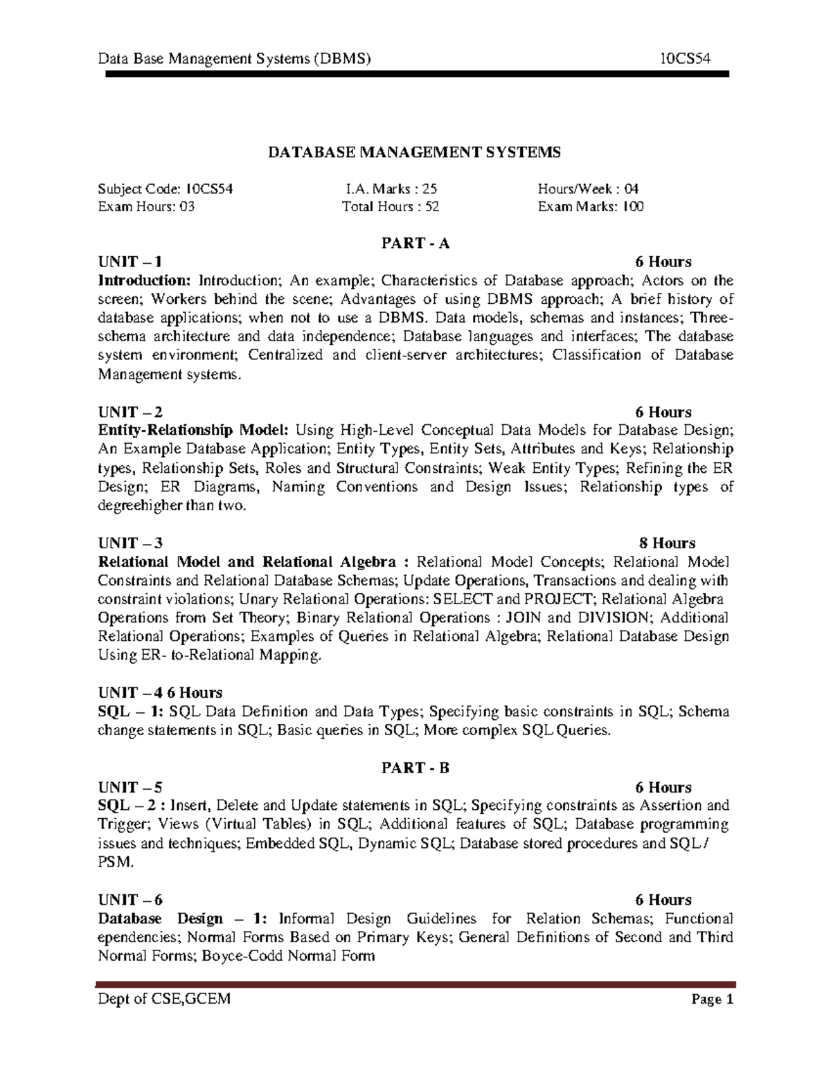 Data base management systems 10CS54 - DATABASE MANAGEMENT SYSTEMS ...