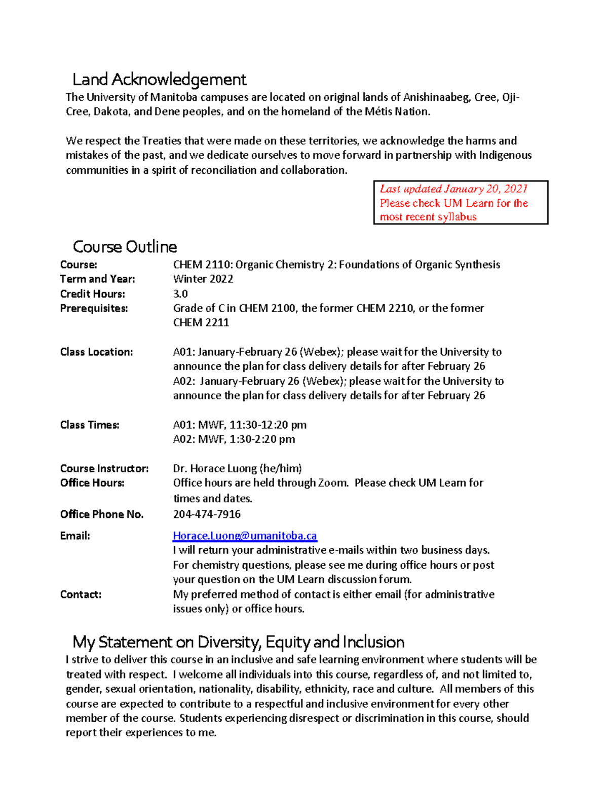 CHEM 2110 Syllabus - Land Acknowledgement The University of Manitoba ...