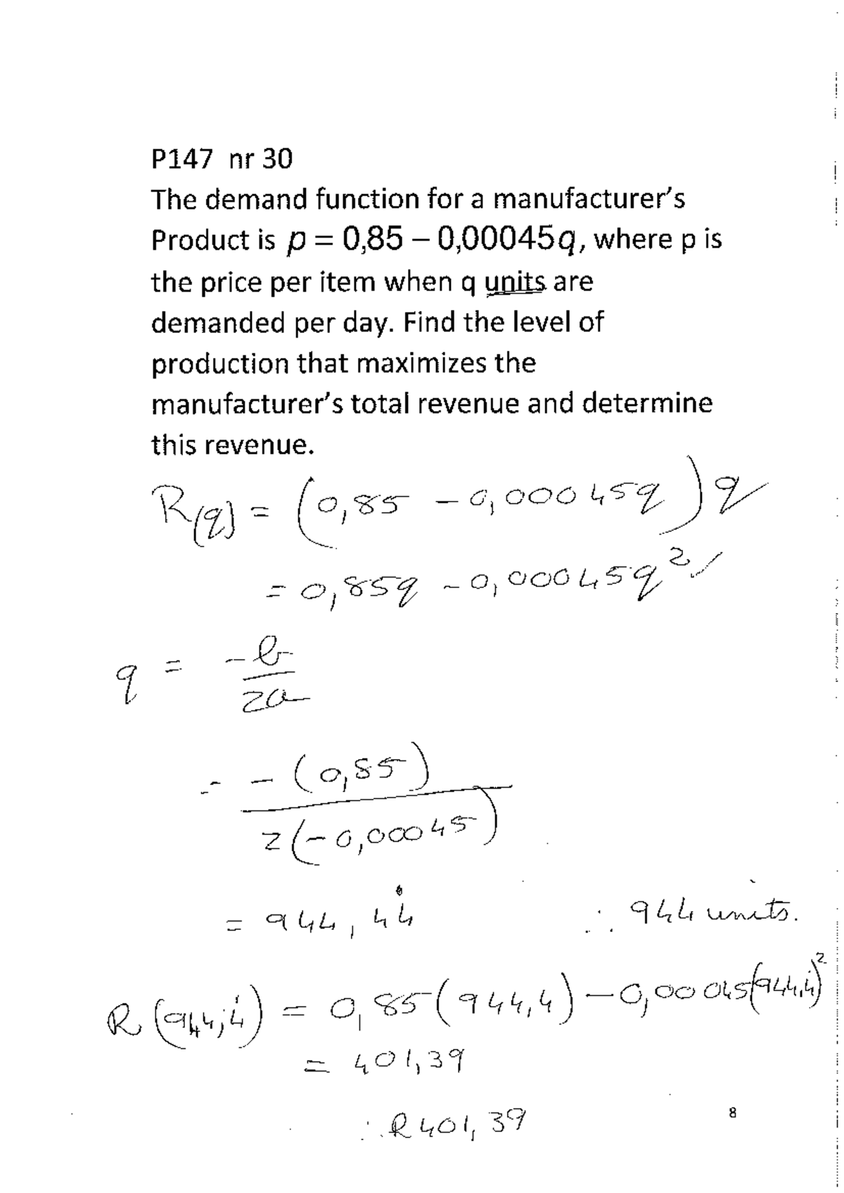 MTHS 113 Classwork 24 Feb - P147 nr 30 The demand function for a ...