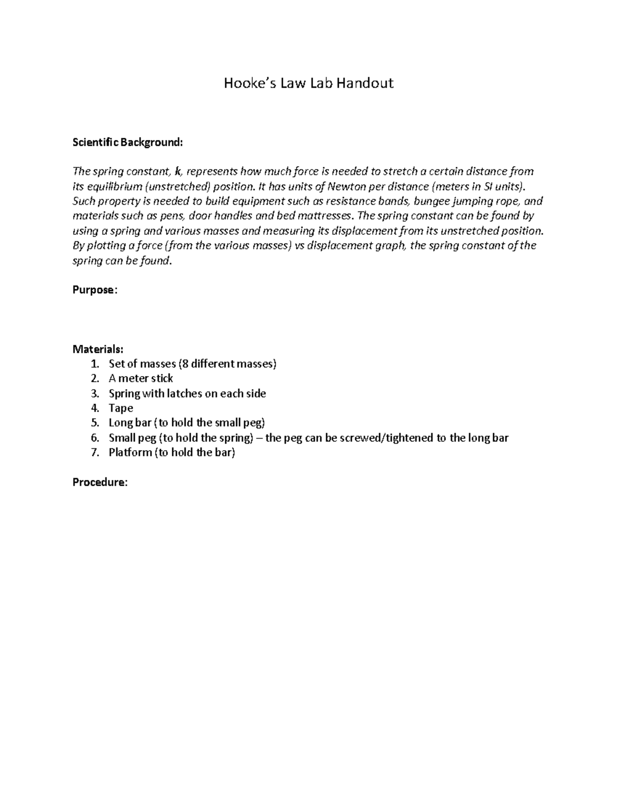 Hooke's Law Lab Handout - Hooke’s Law Lab Handout Scientific Background ...