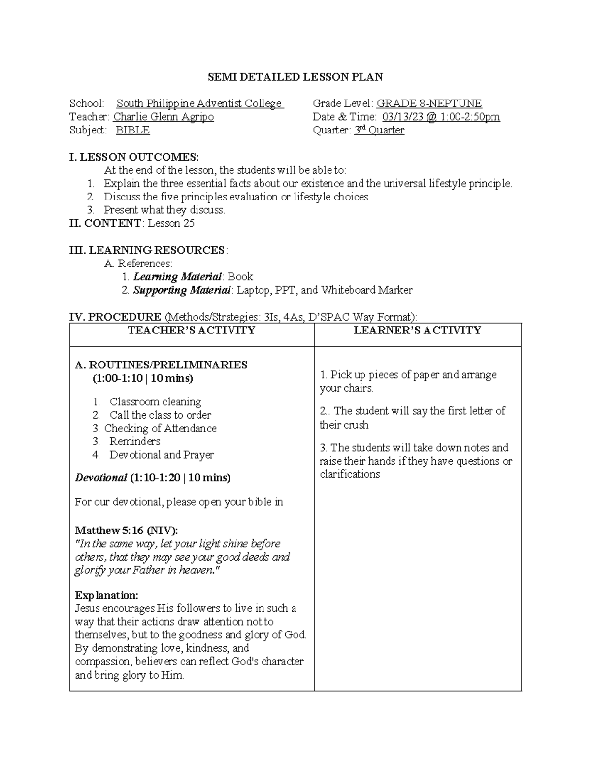 Lesson-25 - Lesson plan - SEMI DETAILED LESSON PLAN School: South ...