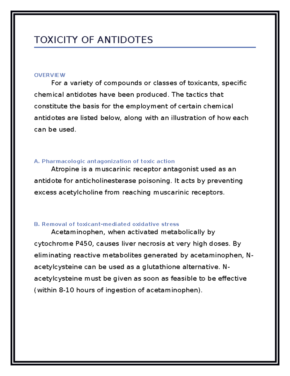 Overview OF THE Toxicity OF Antidotes - TOXICITY OF ANTIDOTES OVERVIEW ...