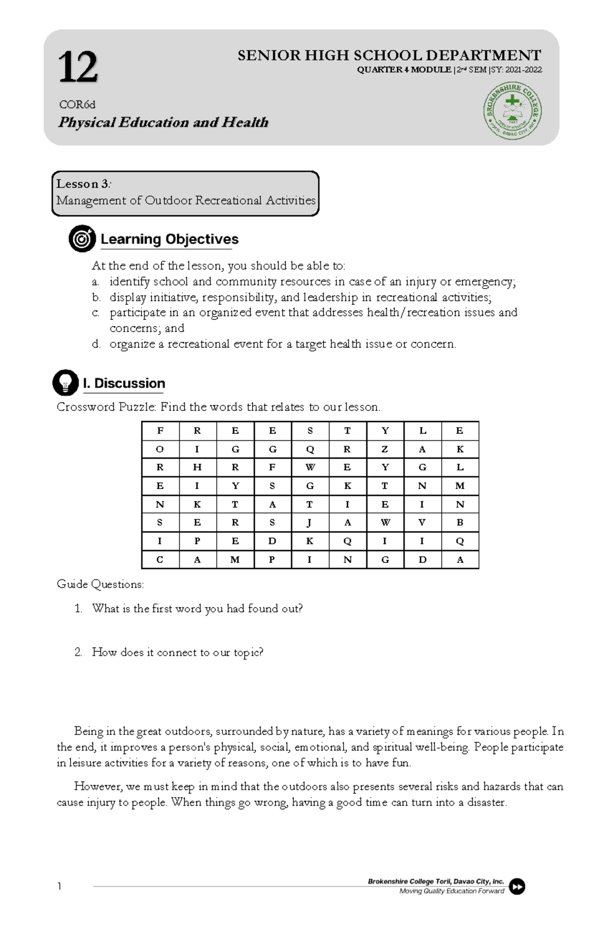 PE12-March-4th Quarter Outdoor Recreational Activities - Lesson 3 ...