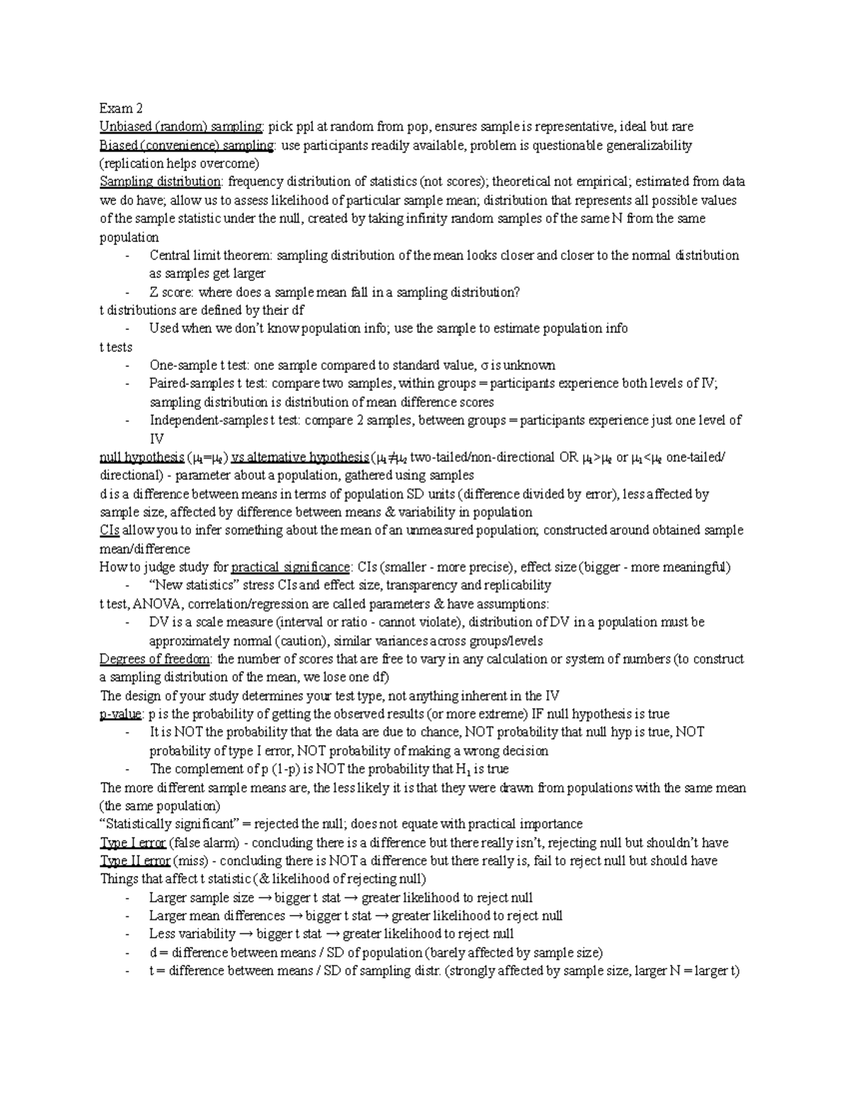 Stats Exam 2 Study Guide - Exam 2 Unbiased (random) sampling: pick ppl ...