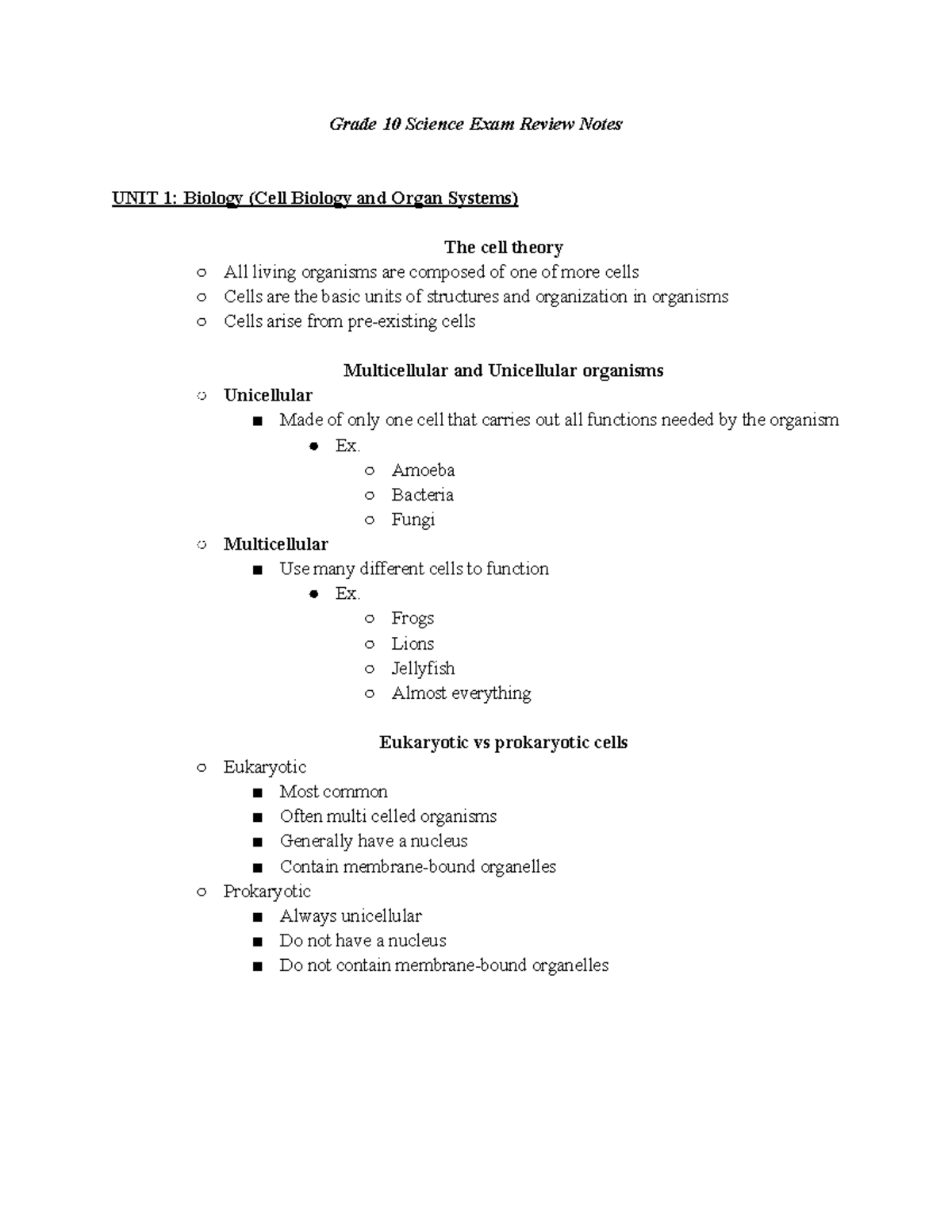 Grade 10 Science Exam Review Grade 10 Science Exam Review Notes UNIT