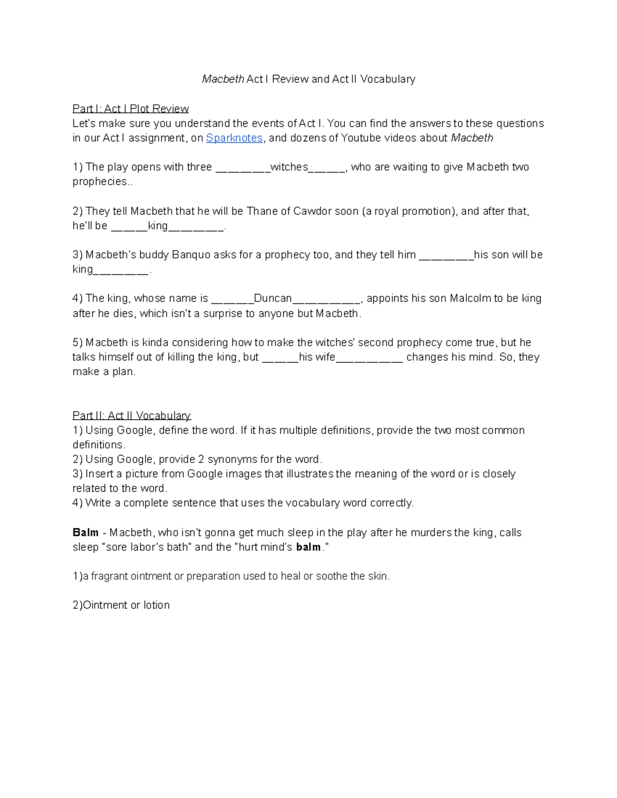 Sara Burke - Macbeth Act I Review and Act II Vocabulary - Macbeth Act I ...