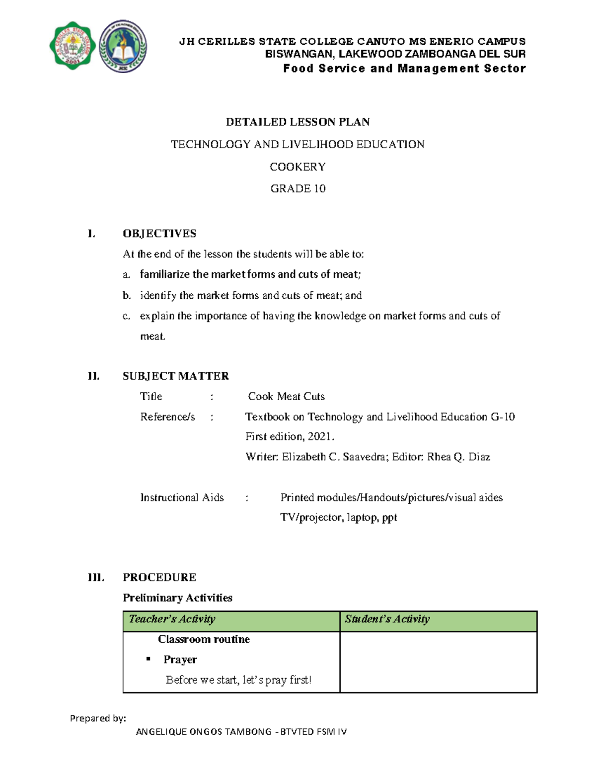 Detailed Lesson PLAN on meat cuts - BISWANGAN, LAKEWOOD ZAMBOANGA DEL ...