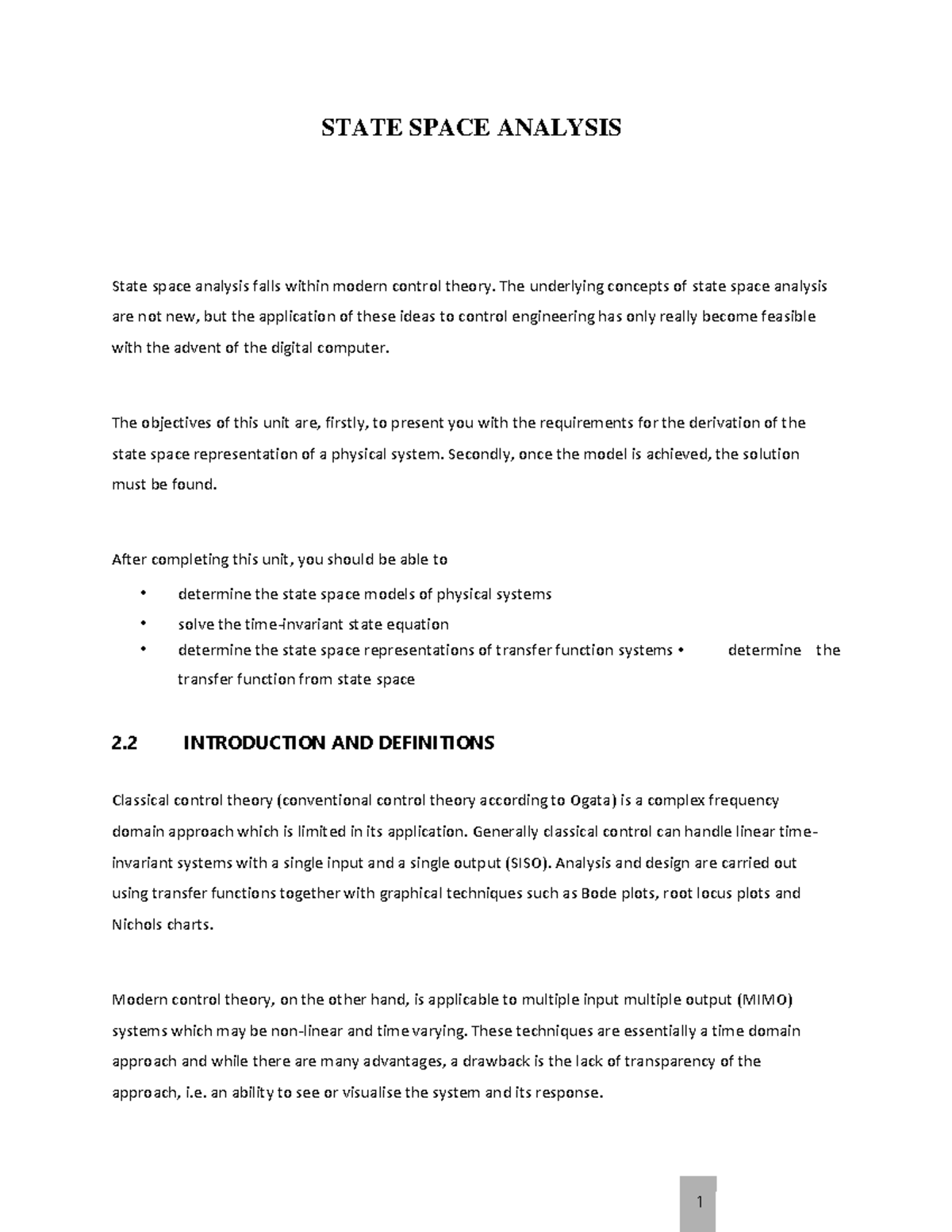 State Space Analysis - Lecture notes 12 - Warning: TT: undefined ...