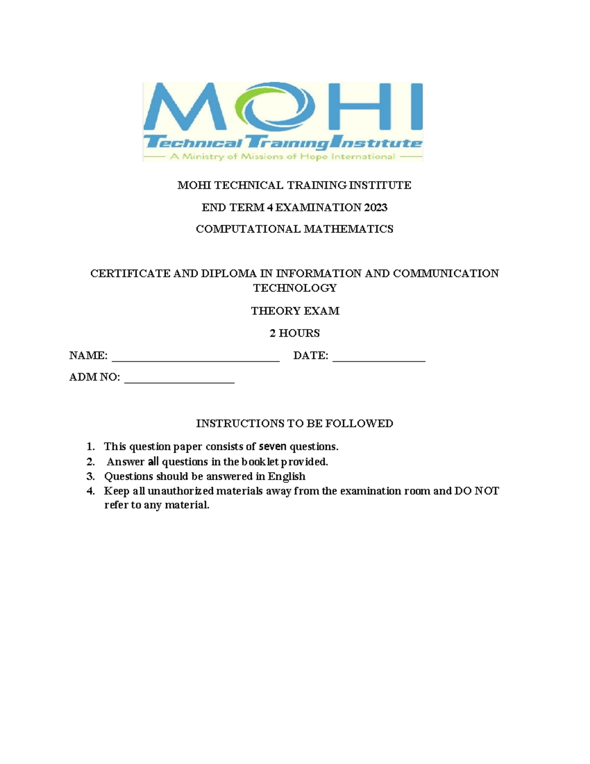 Computational MATH TERM 4 2023 - MOHI TECHNICAL TRAINING INSTITUTE END ...