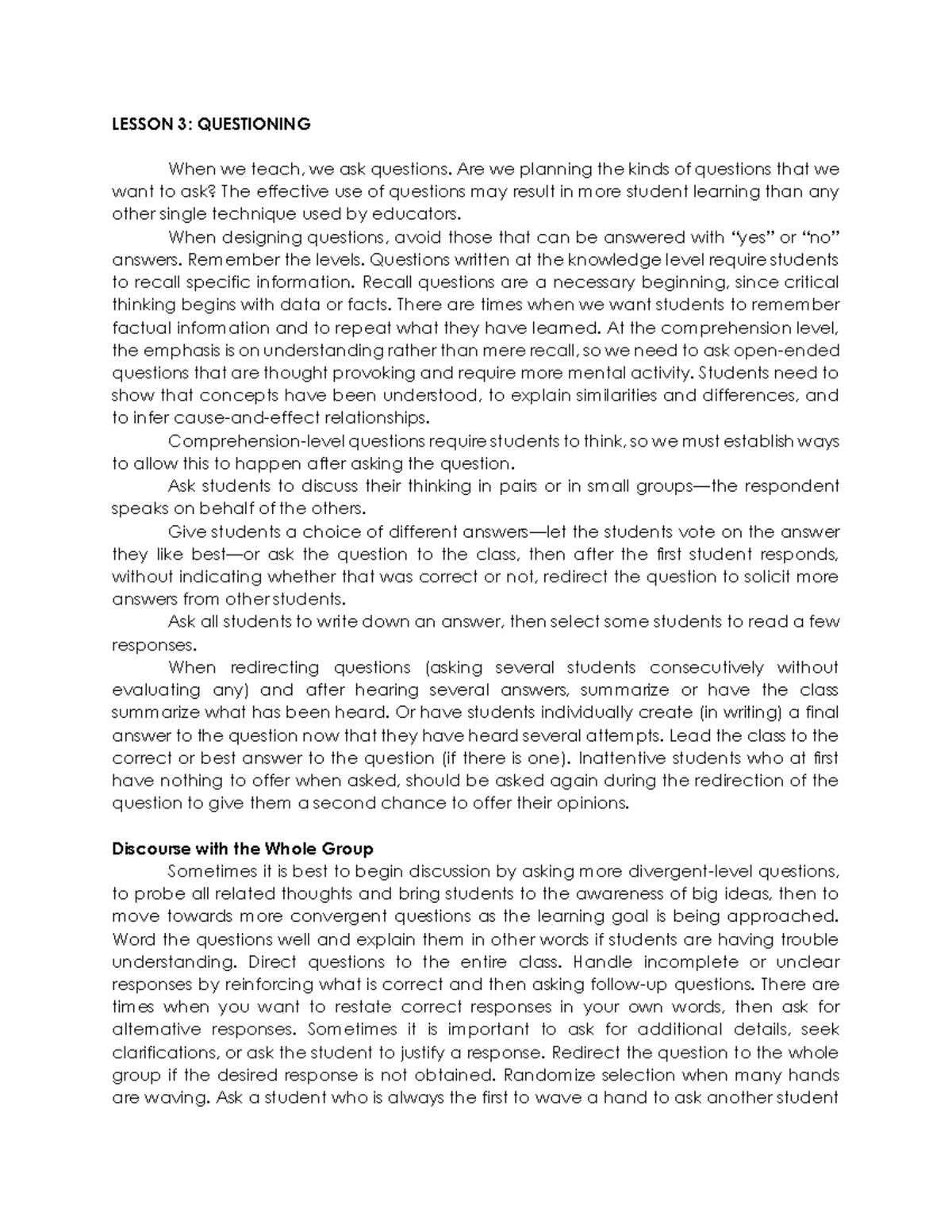 Lesson-3 - Notes - LESSON 3: QUESTIONING When we teach, we ask ...
