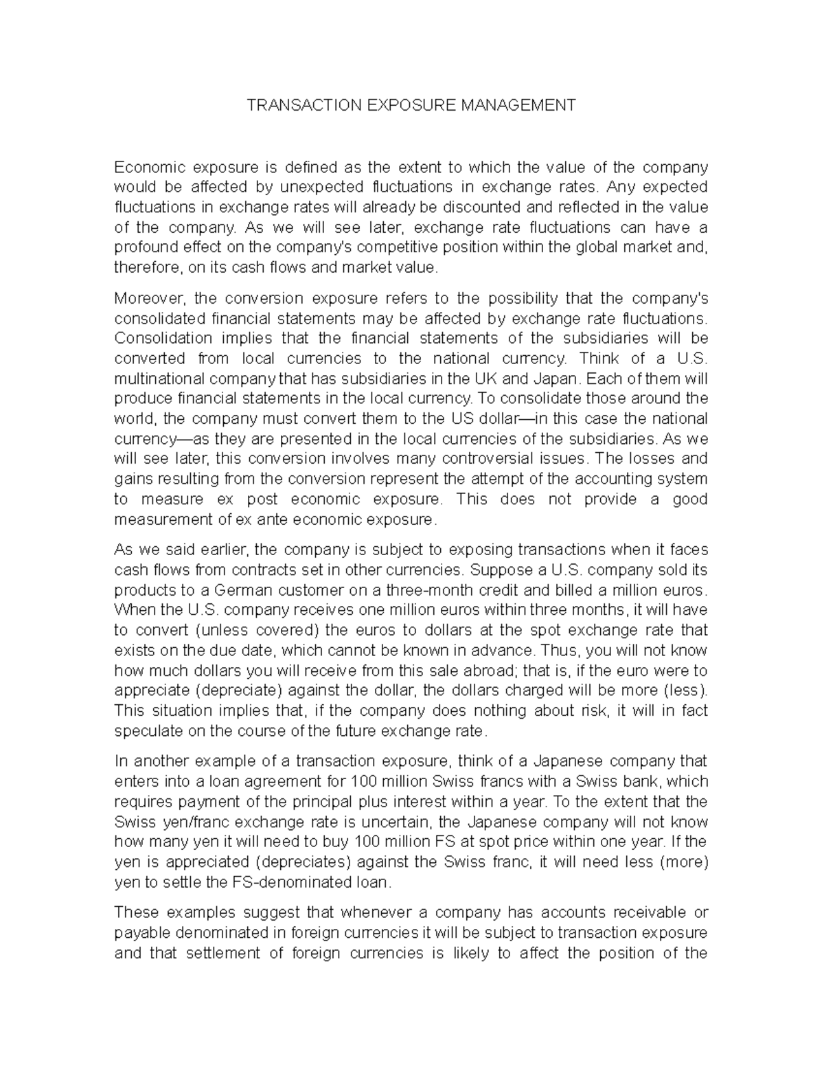 TRANSACTION EXPOSURE MANAGEMENT - TRANSACTION EXPOSURE MANAGEMENT ...