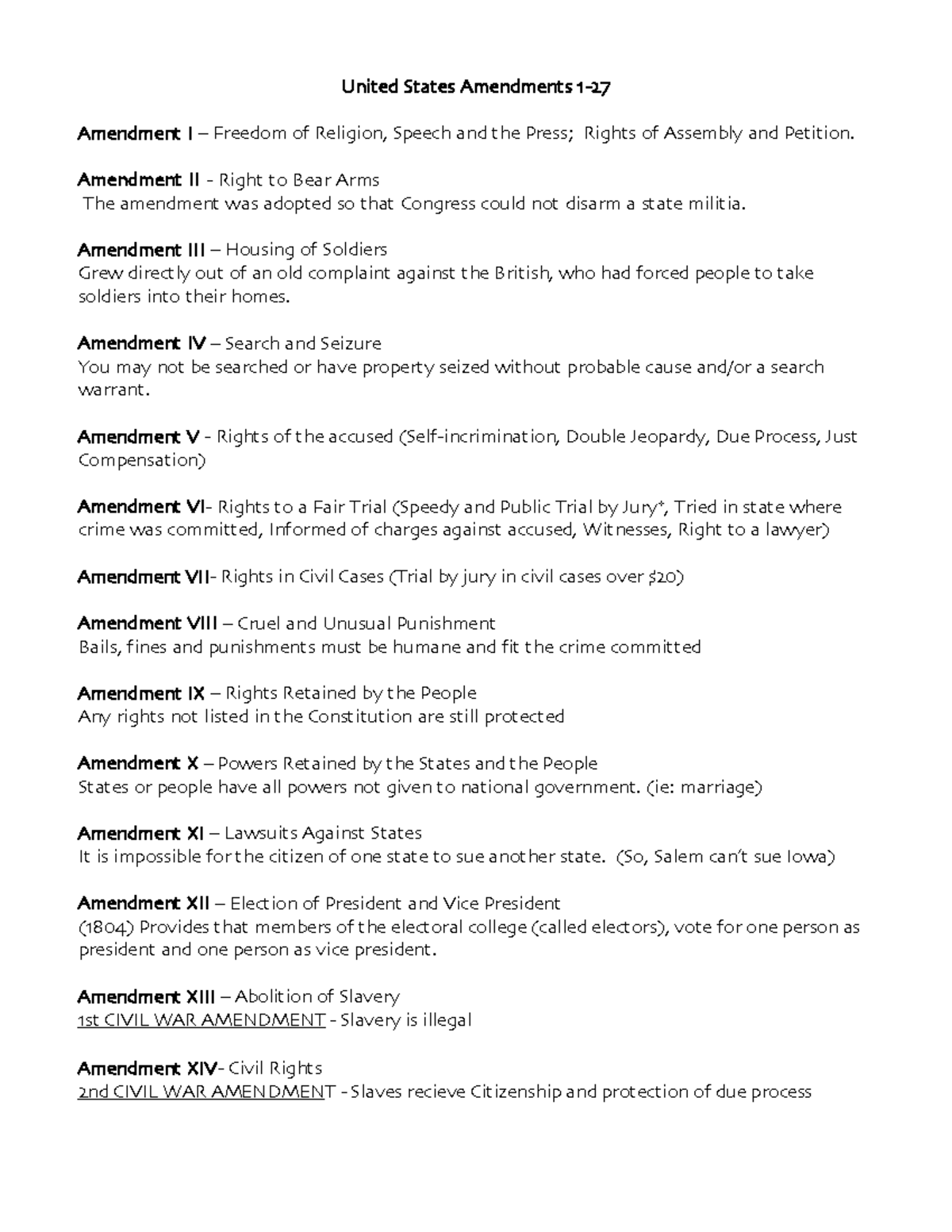 27 Amendments Summary - United States Amendments 1- Amendment I 3 ...