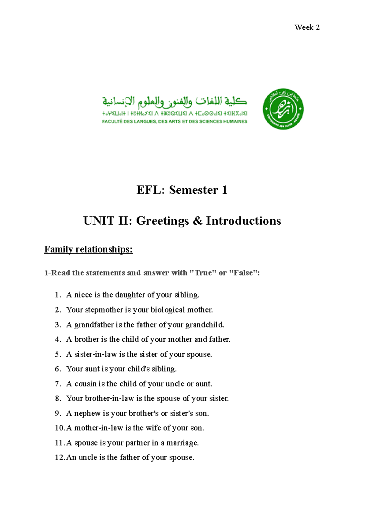 Exercise Sheet EFL WEEK 2 - EFL: Semester 1 UNIT II: Greetings ...