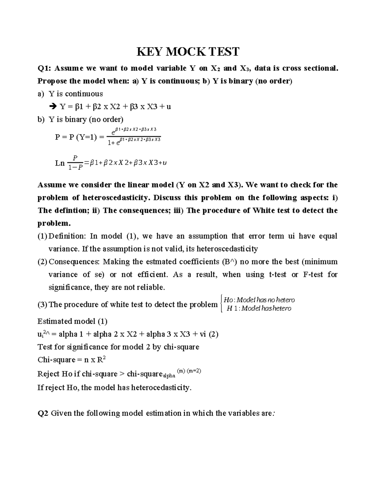 Mock test for Final - KEY MOCK TEST Q1: Assume we want to model ...