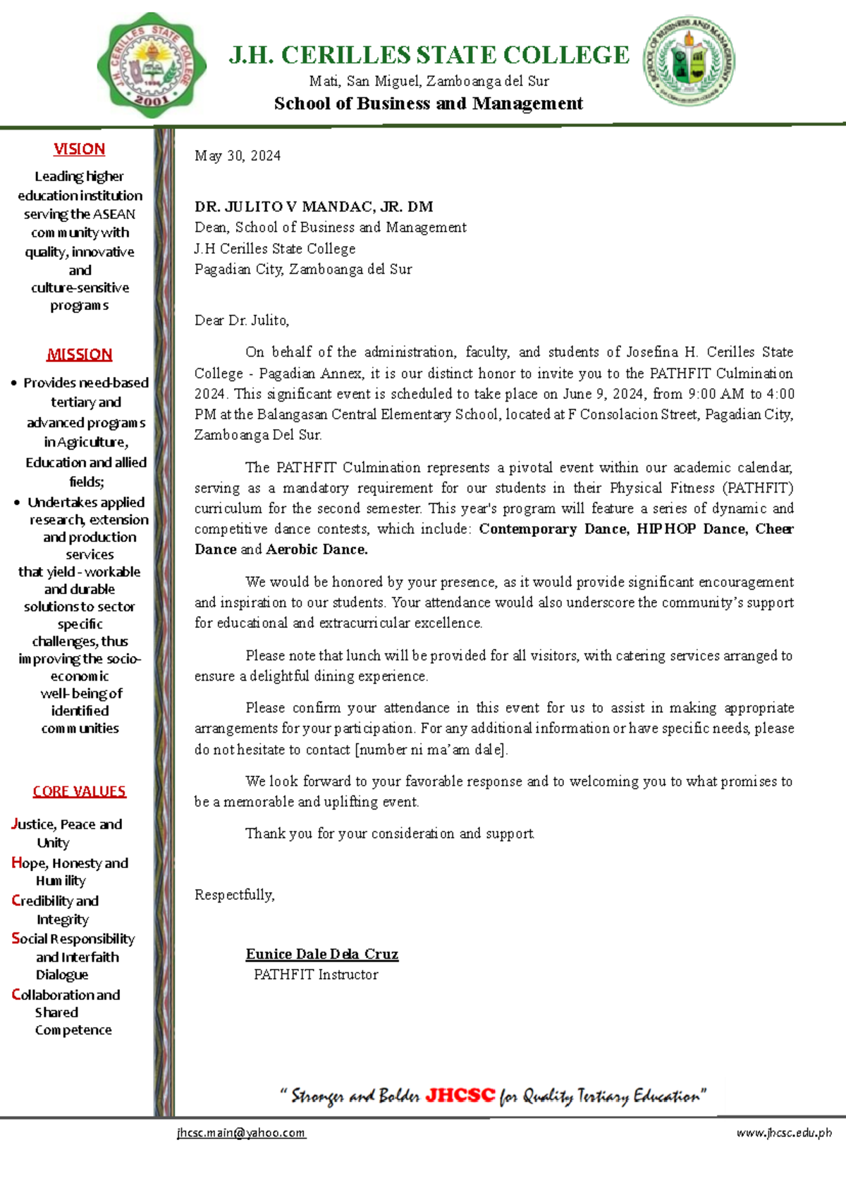 Letter OF Invitation - Pathfit Culmination - VISION Leading higher ...