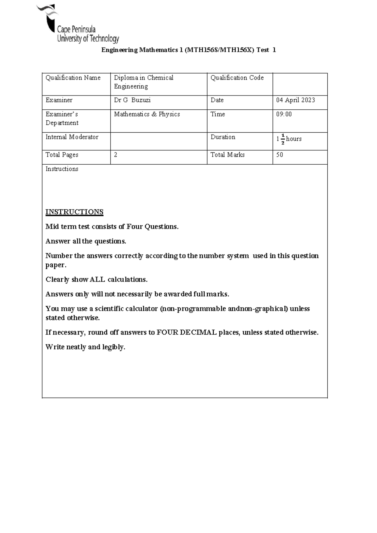 Test QP 04 April - DIFFERENTIATION - Engineering Mathematics 1 (MTH156S ...