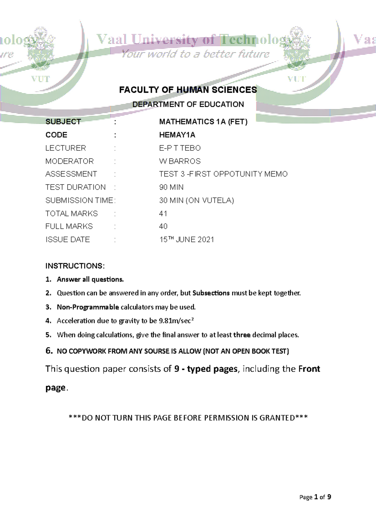 Mathematics 1A (FET) Test 3 First Opp Memo - FACULTY OF HUMAN SCIENCES ...