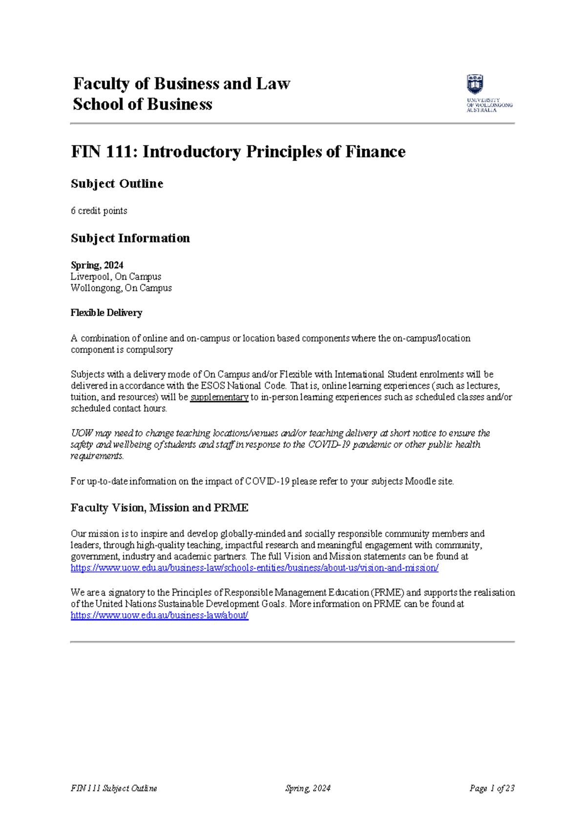 FIN111 Subject Outline 2024S - Faculty of Business and Law School of ...