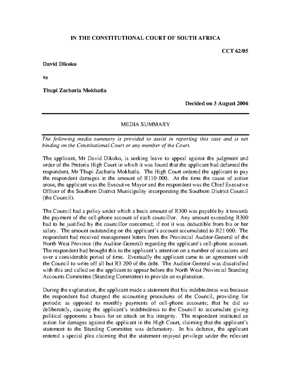 Dikoko 2 - Summary Law of Damages - IN THE CONSTITUTIONAL COURT OF ...