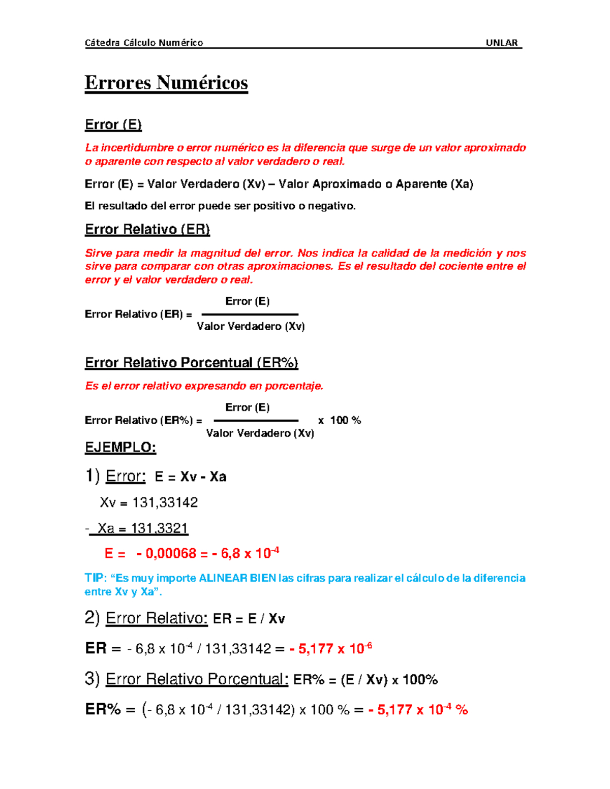 Errores Numéricos - Cátedra Cálculo Numérico UNLAR Errores Numéricos ...
