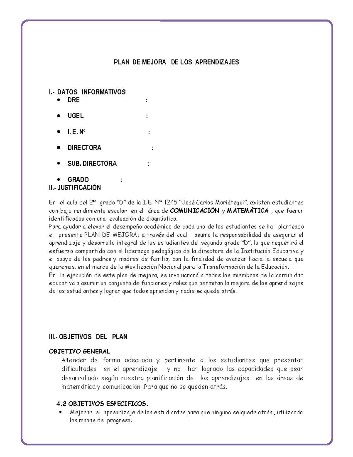 PLAN DE Mejora - Material - PLAN DE MEJORA DE LOS APRENDIZAJES I ...