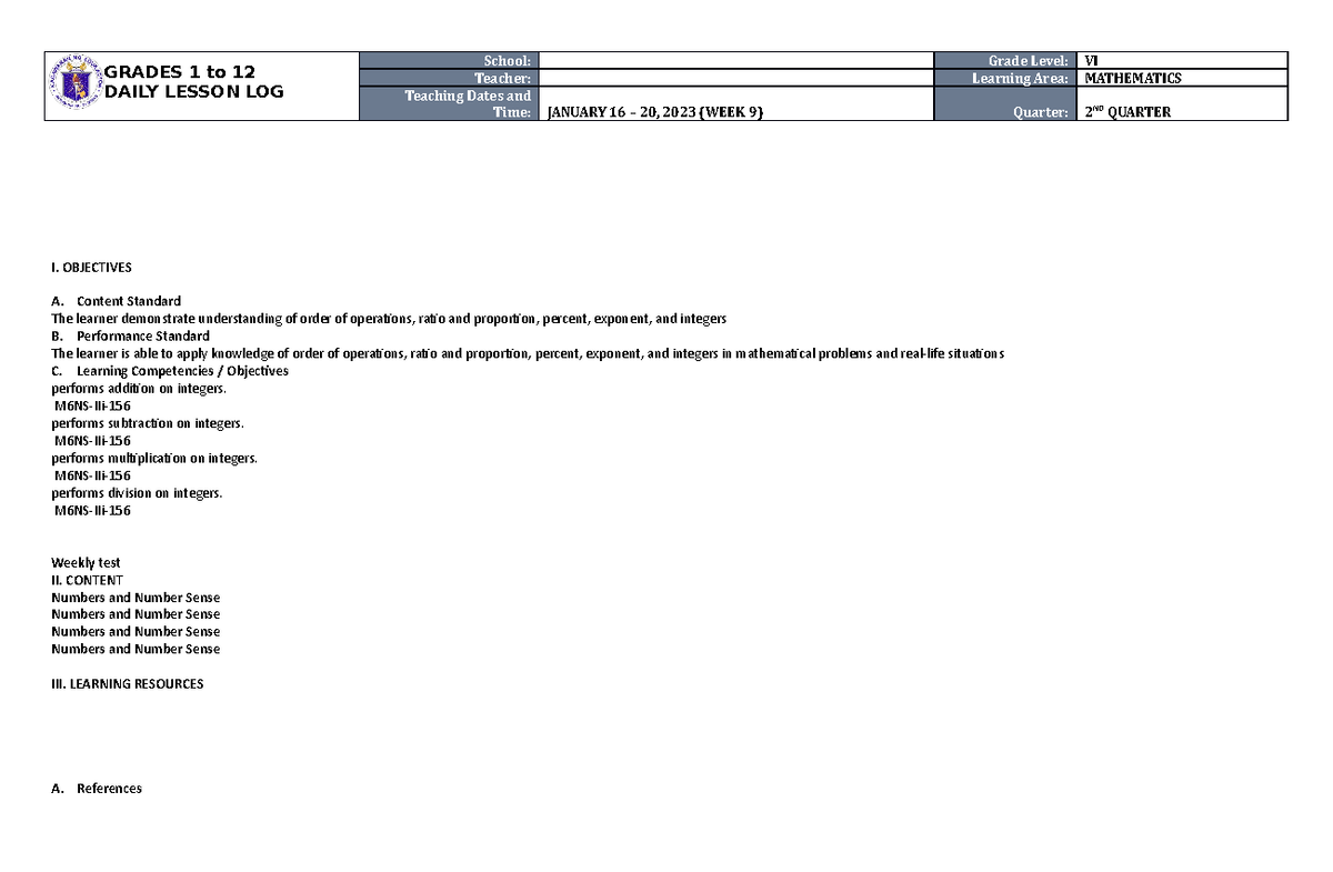 DLL Mathematics 6 Q2 W9 - GRADES 1 to 12 DAILY LESSON LOG School: Grade ...