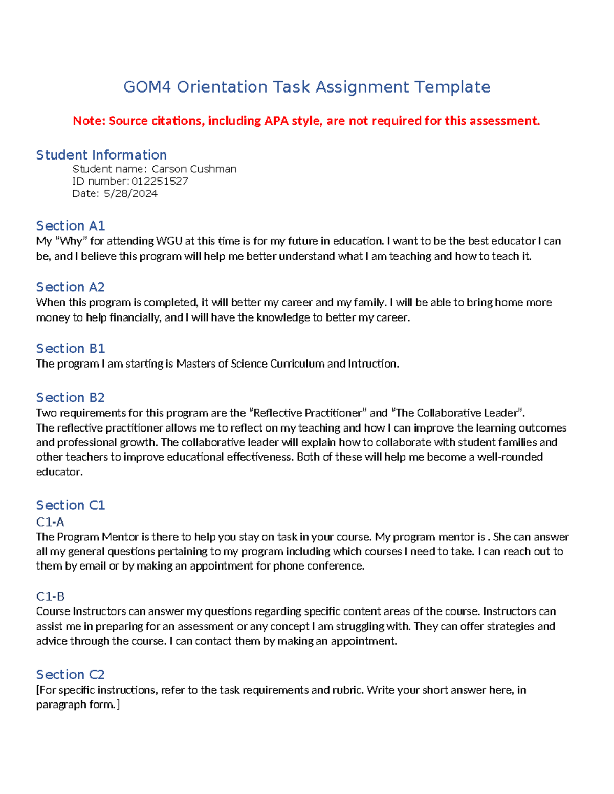 WGU orientation - GOM4 Orientation Task Assignment Template Note: Source citations, including ...