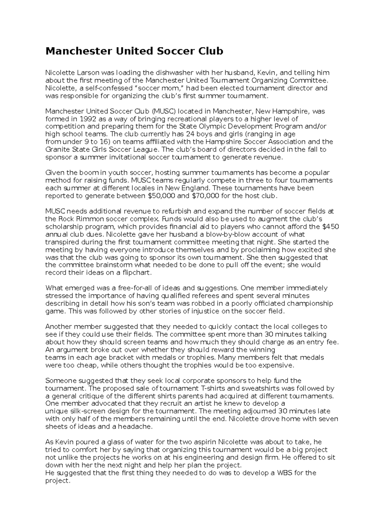 Case Study WBS - Project Management - Manchester United Soccer Club ...