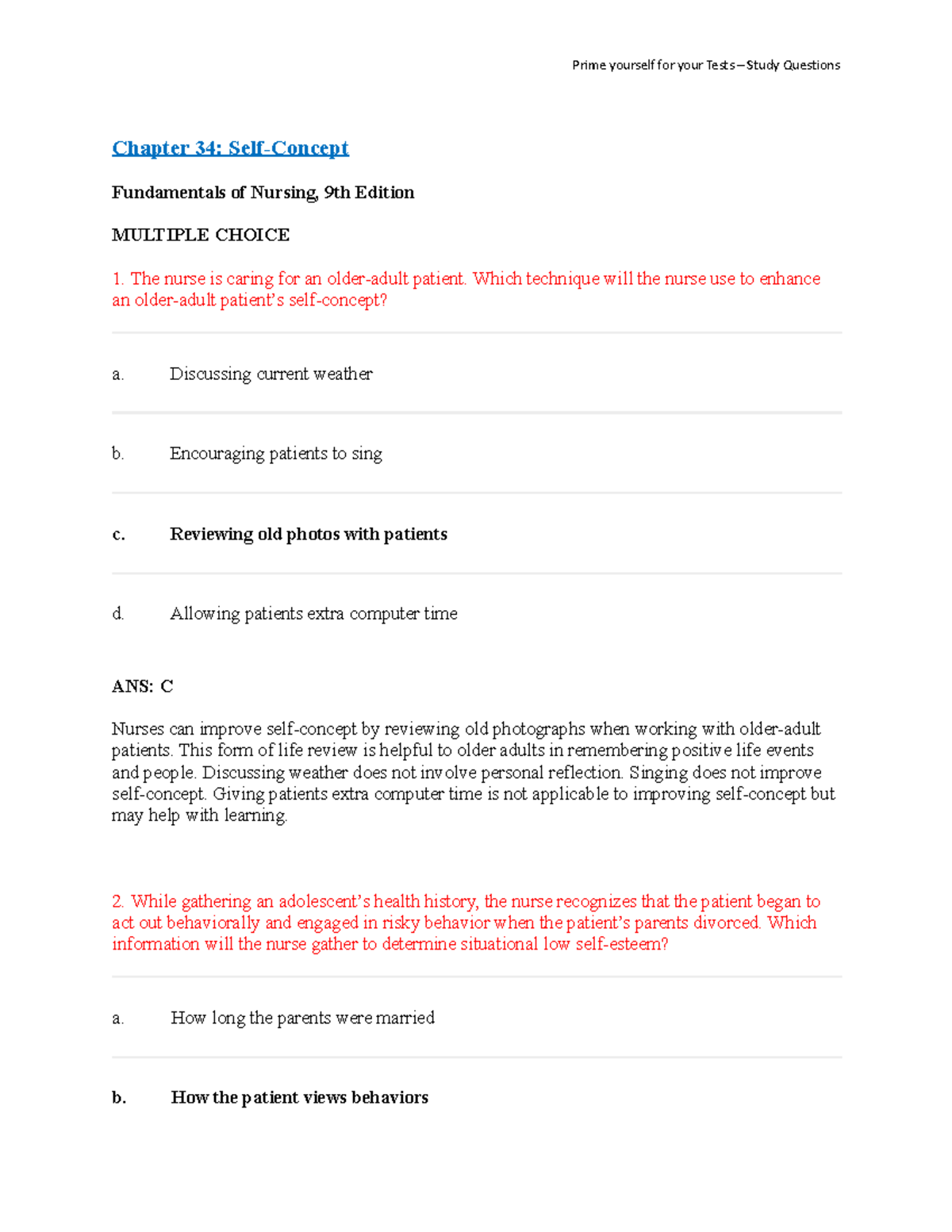 Chapter 34 - HESi questions - Chapter 34: Self-Concept Fundamentals of ...