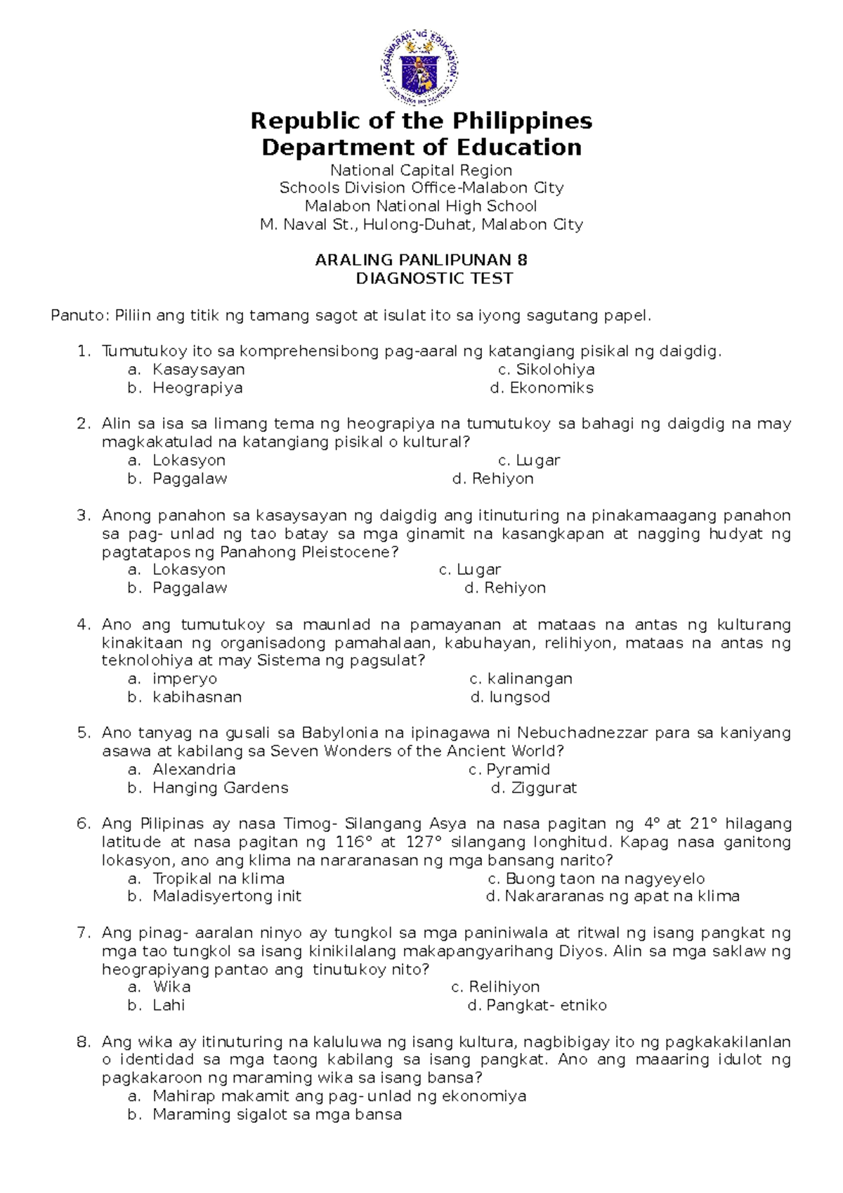 AP 8 Diagnostic Test SY 2022 2023 Republic Of The Philippines