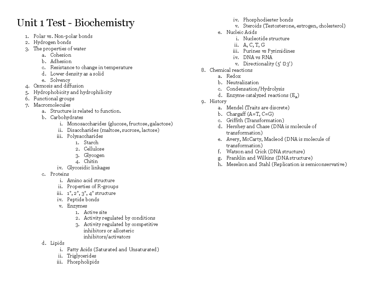 Biochemistry Test Review - Unit 1 Test - Biochemistry Polar vs. Non ...