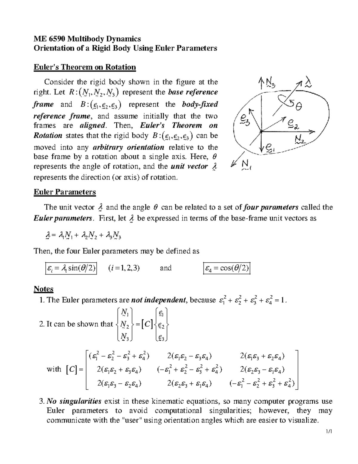 Me659Orientation Euler Parameters - 1/ ME 6590 Multibody Dynamics Orientation of a Rigid Body ...