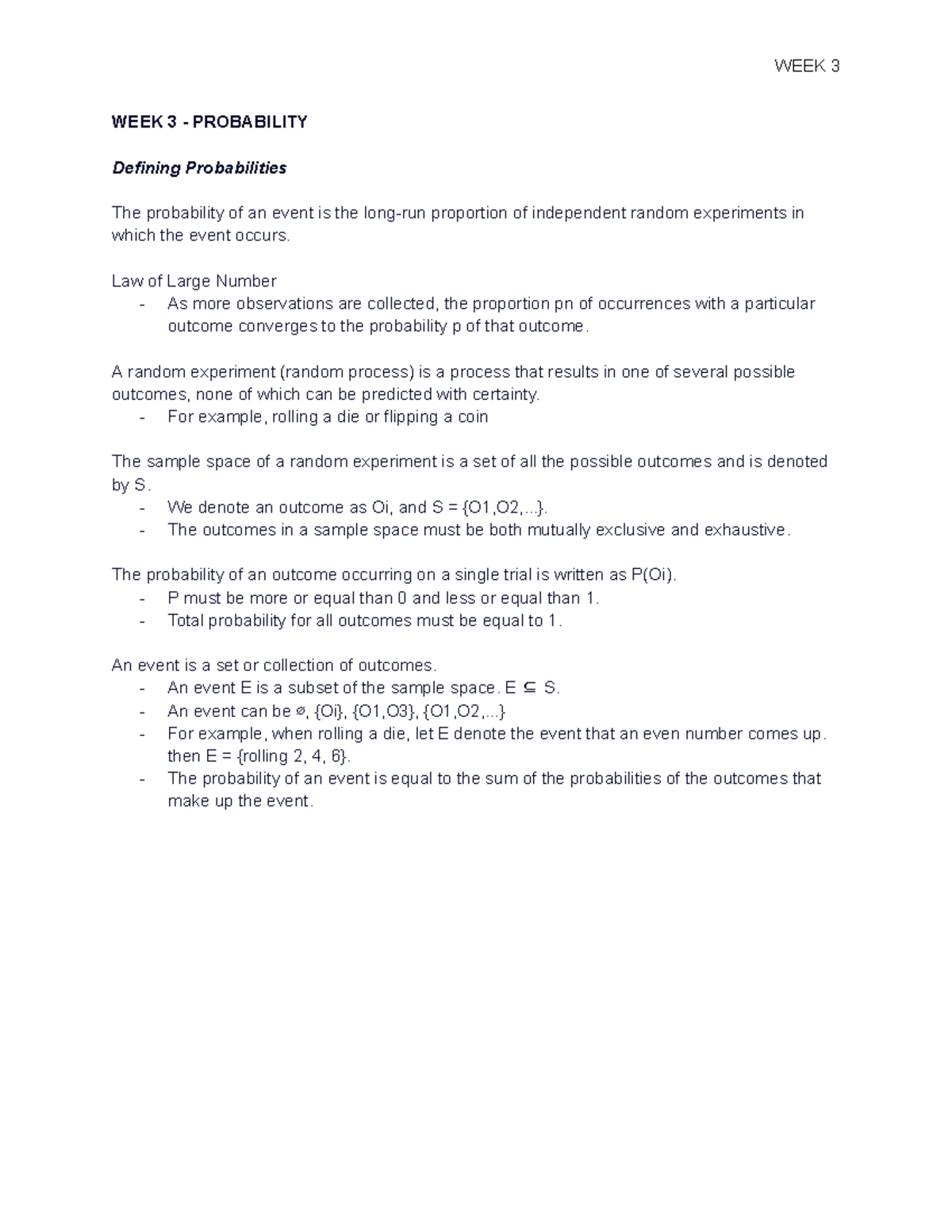 STAT1003 - Week 3 - Week 3 notes - WEEK 3 - PROBABILITY Defining ...