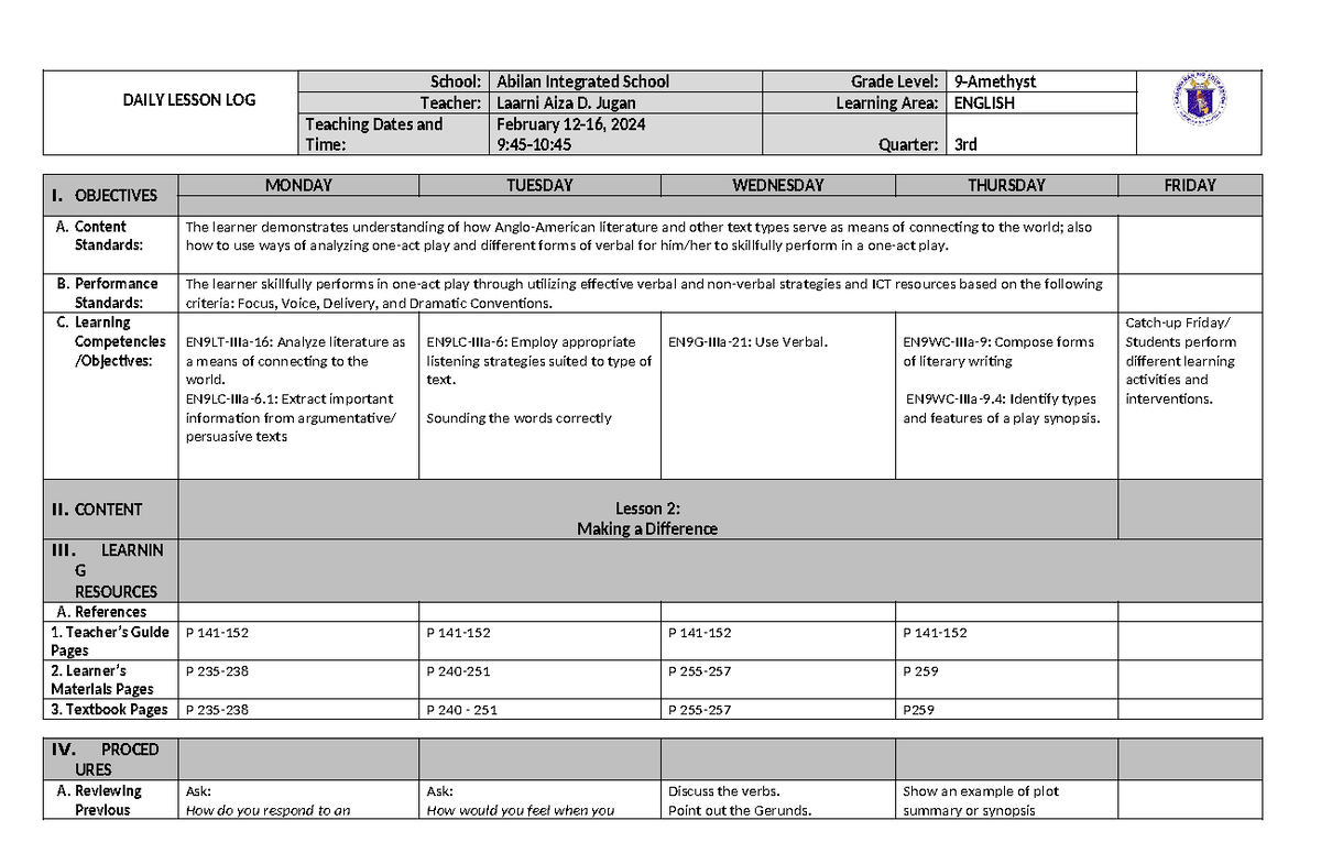 English 9 3RDQ 2nd week - DAILY LESSON LOG School: Abilan Integrated ...