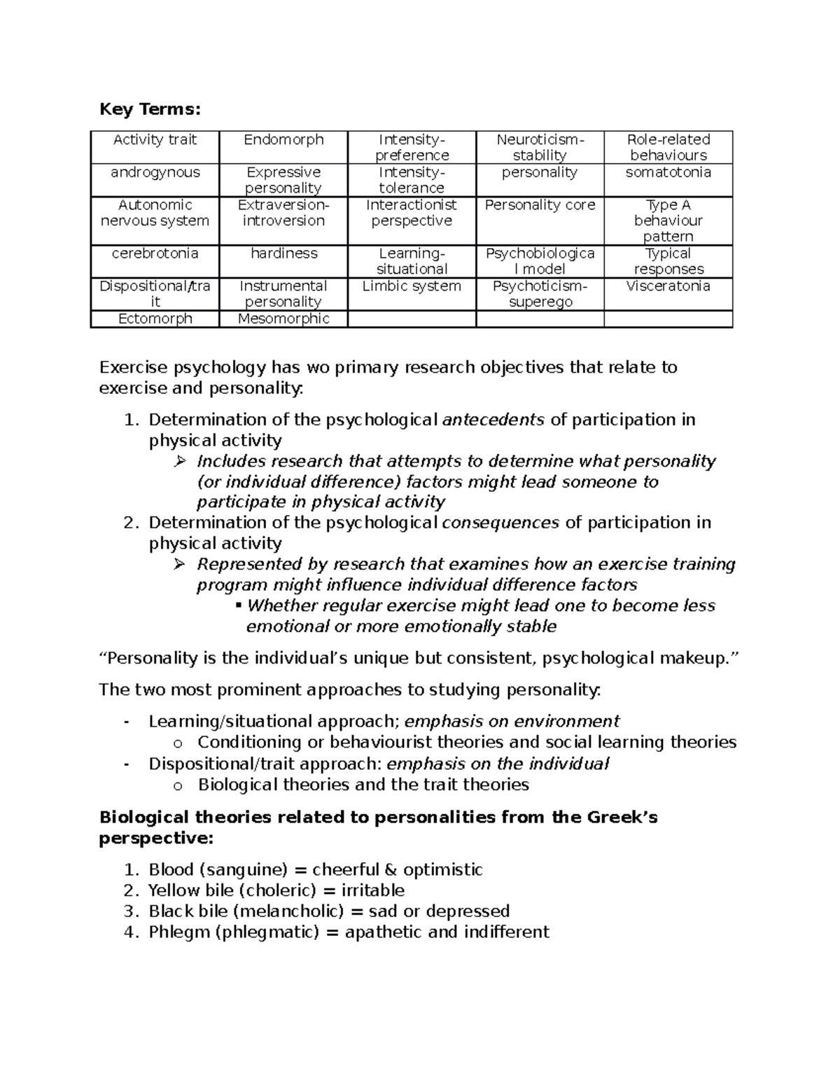 Chapter 7 Personality and Exercise Notes - Key Terms: Activity trait ...