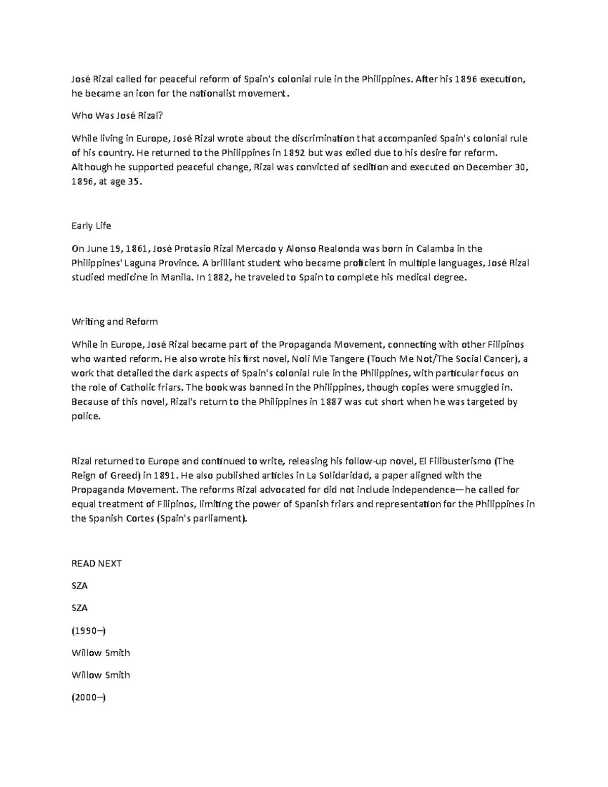 José Rizal called for peaceful reform of Spain's colonial rule in the ...