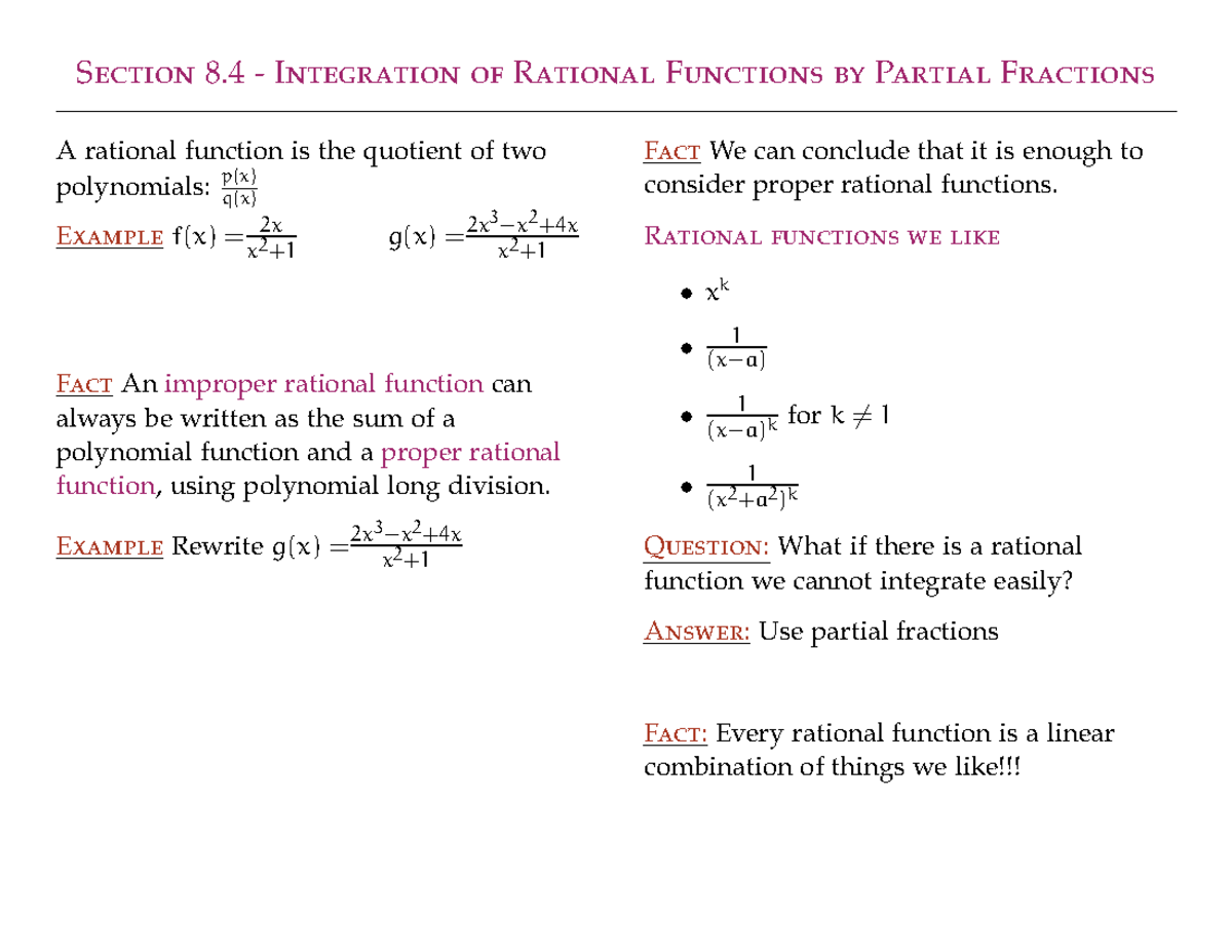 Math166 Section 0804 - Section 8 - Integration of Rational Functions by ...