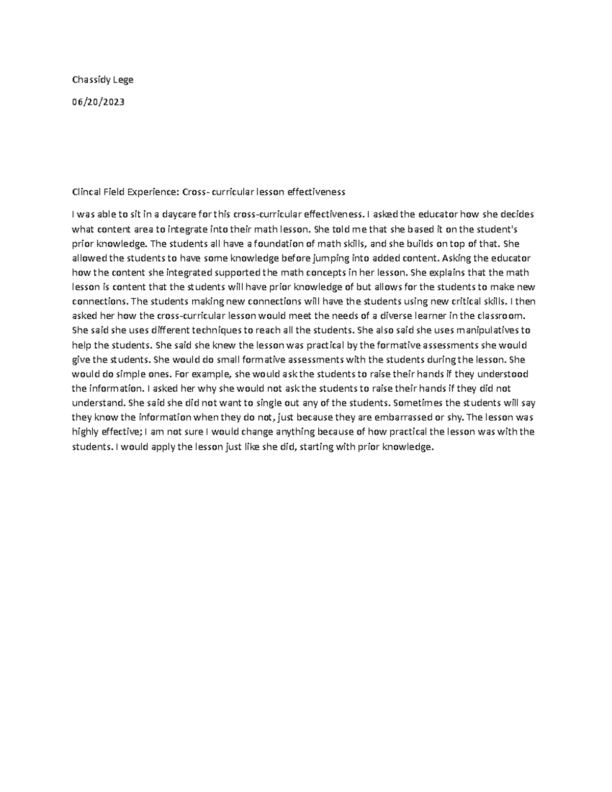 ECE-455 Topic 8 - Chassidy Lege 06/20/ Clincal Field Experience: Cross ...