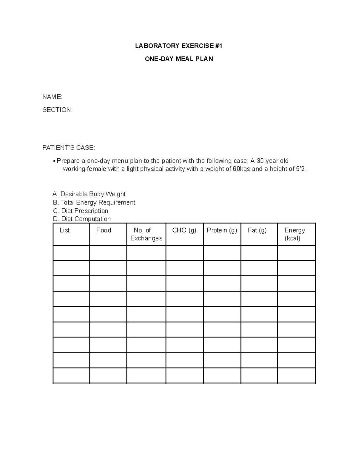 Laboratory Exercise 3 - LABORATORY EXERCISE ONE-DAY MEAL PLAN NAME ...