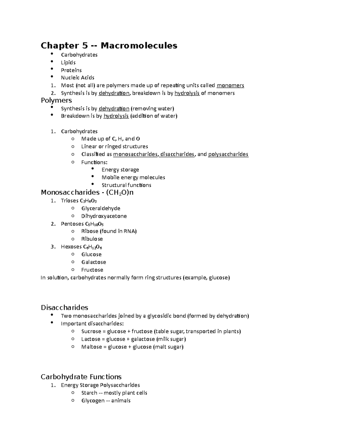 Bio chapter 5 - Chapter 5 - Macromolecules Carbohydrates Lipids ...