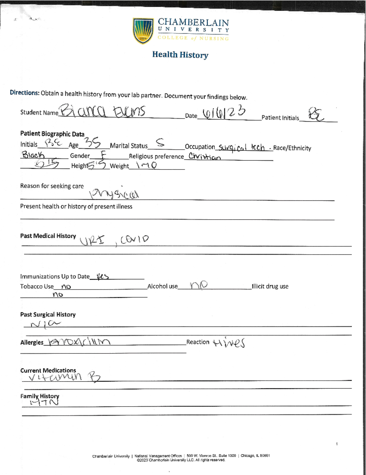 Health history - Coursework for lab. - NR-302 - Studocu