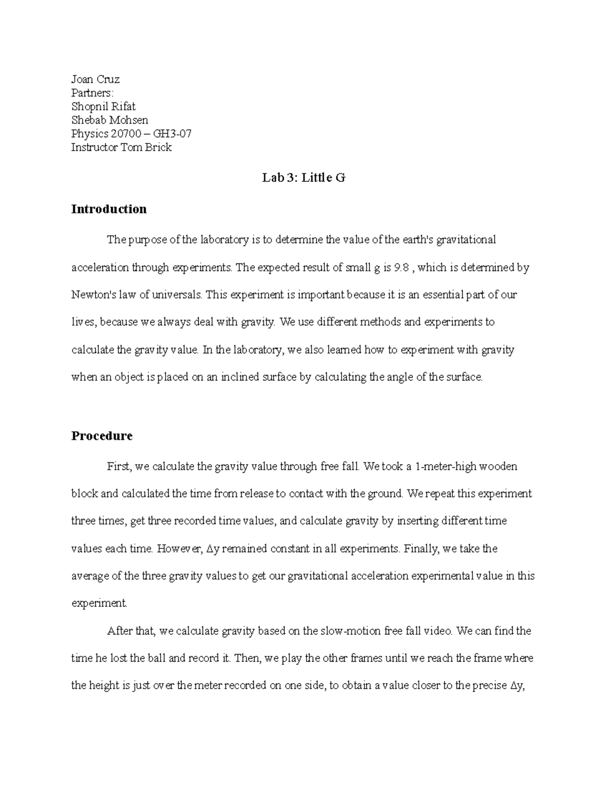 Lab 3 - Little G - Physics Lab - Joan Cruz Partners: Shopnil Rifat ...