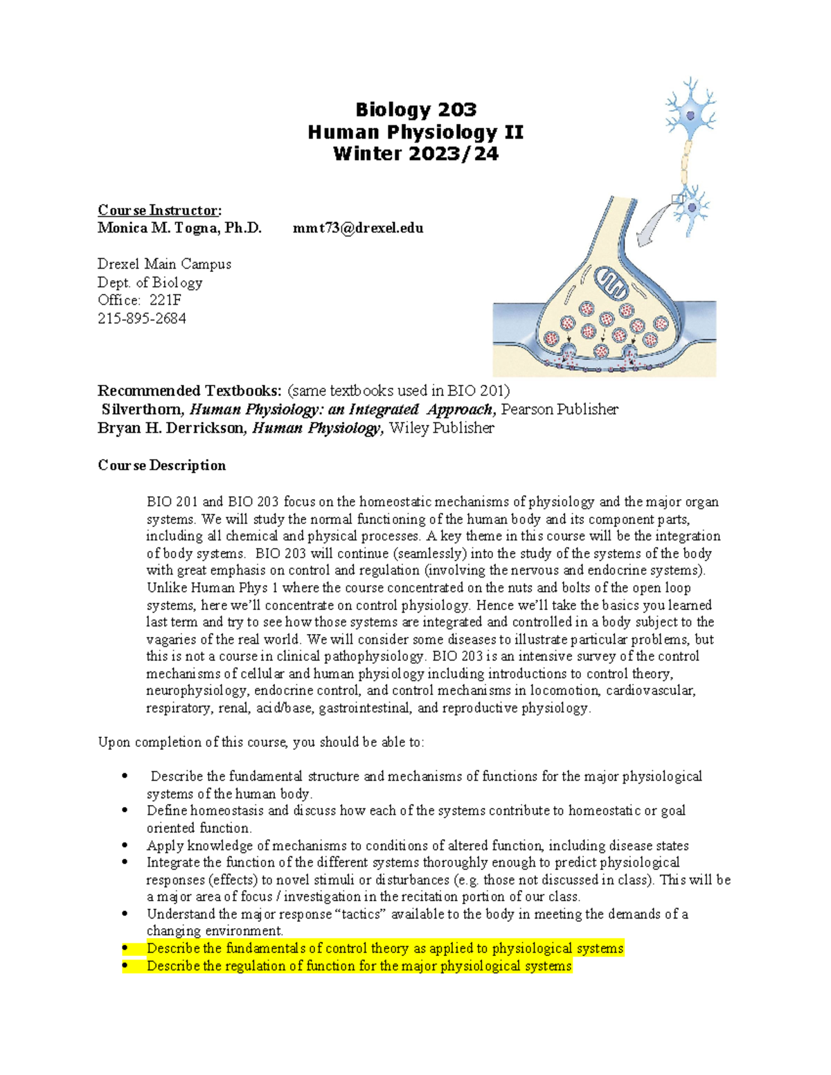 Bio203 Syl - notes - Biology 203 Human Physiology II Winter 2023 ...