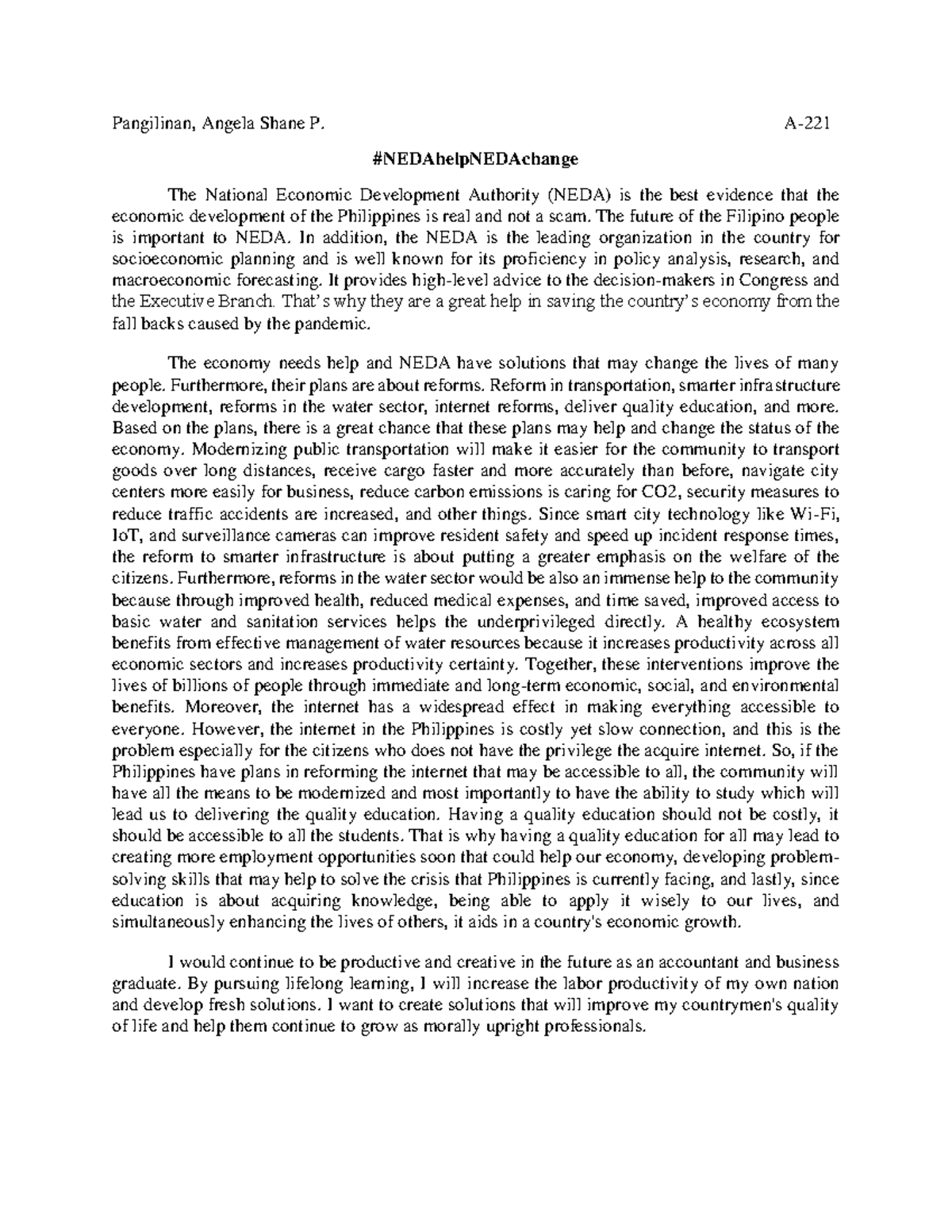 A221 P a ngilin a n Econdevsemin a r - Pangilinan, Angela Shane P. A- # ...