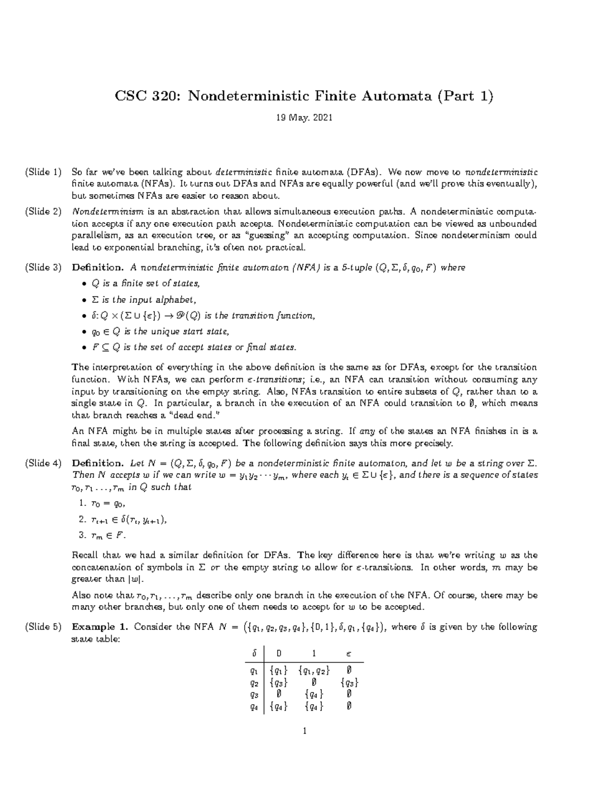 Lecture 04 Notes 1 Csc 320 Nondeterministic Finite Automata Part 1 19 May 2021 Slide 1 