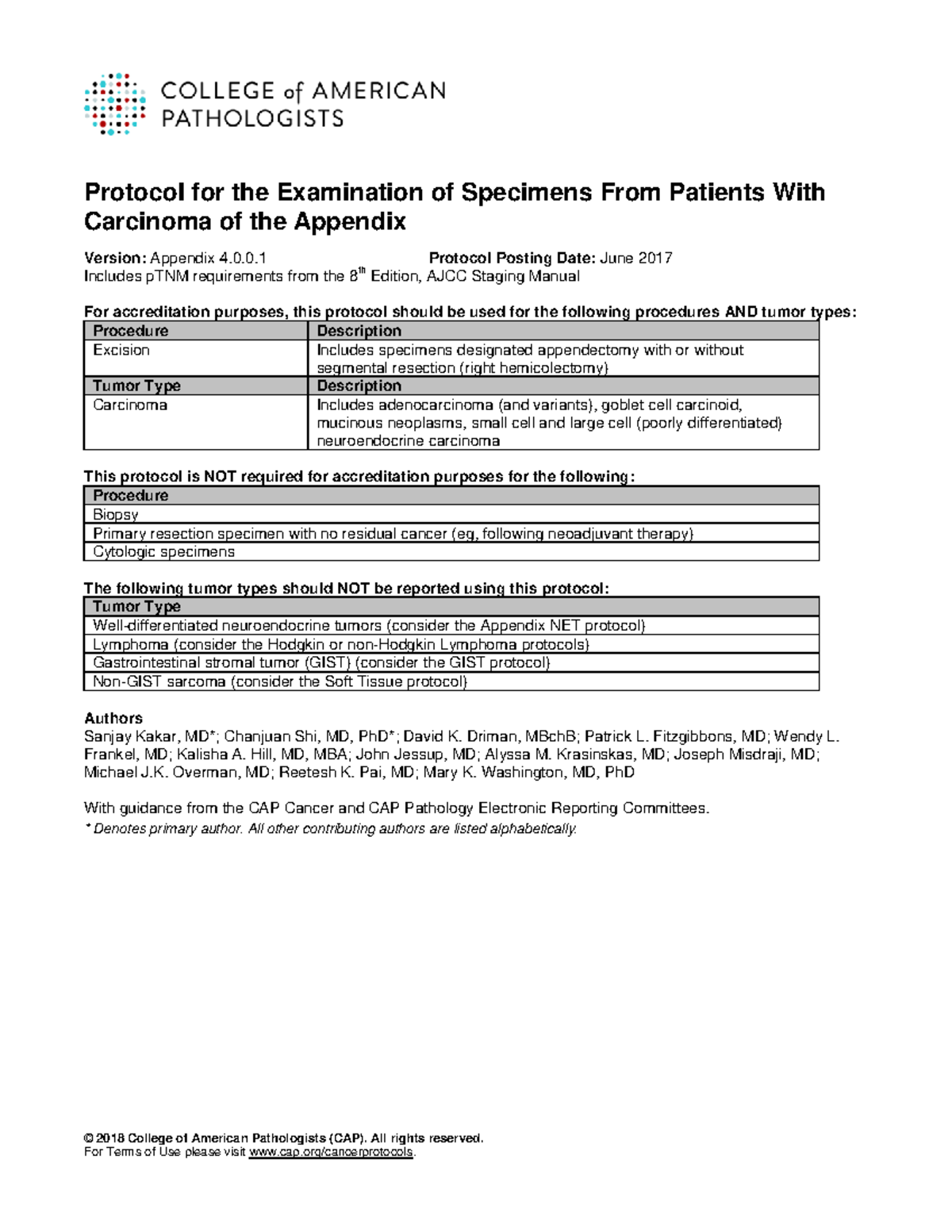 Cp gilower appendix 17protocol 4001 - Protocol for the Examination of Specimens From Patients ...