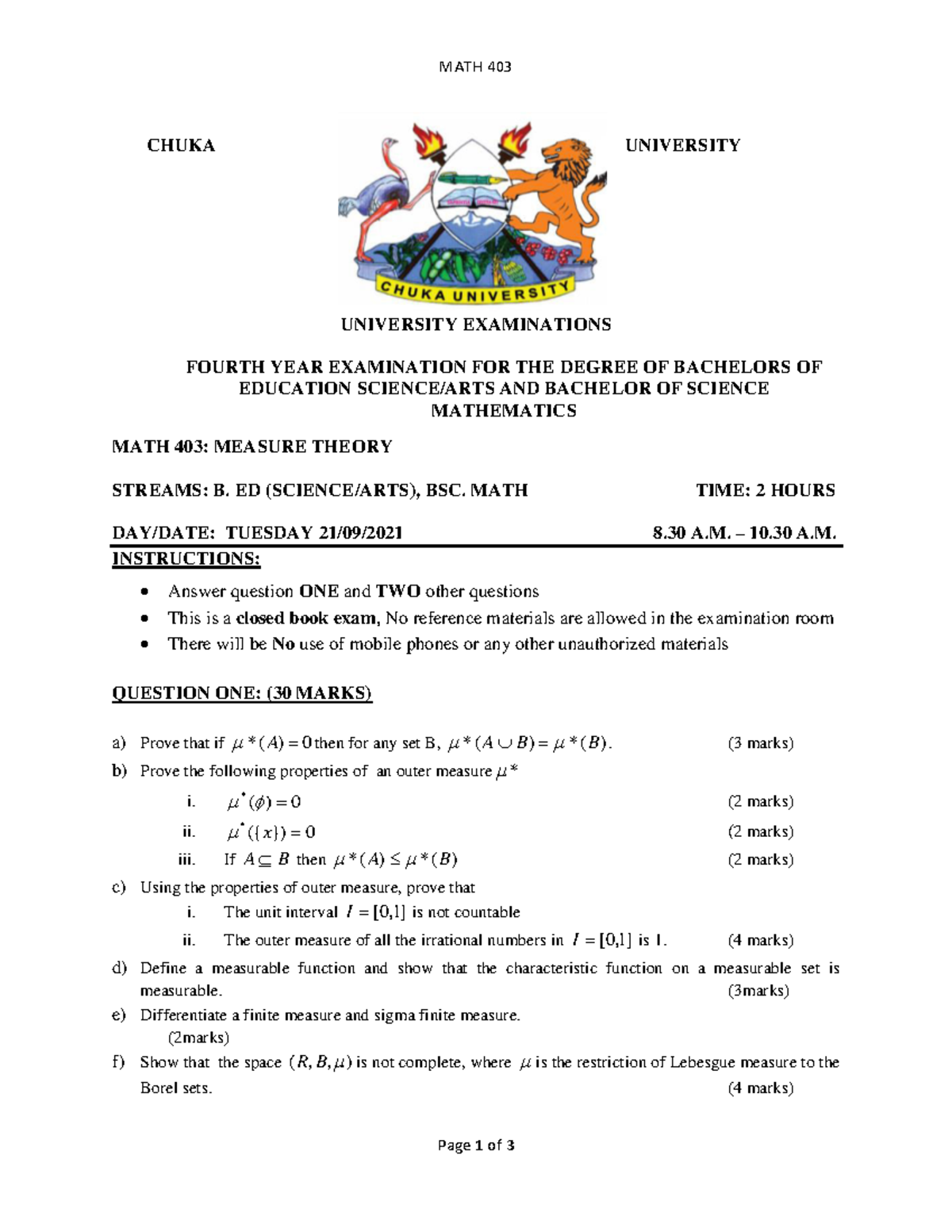 MATH 403 - good when revising measure theory - MATH 403 Page 1 of 3 ...