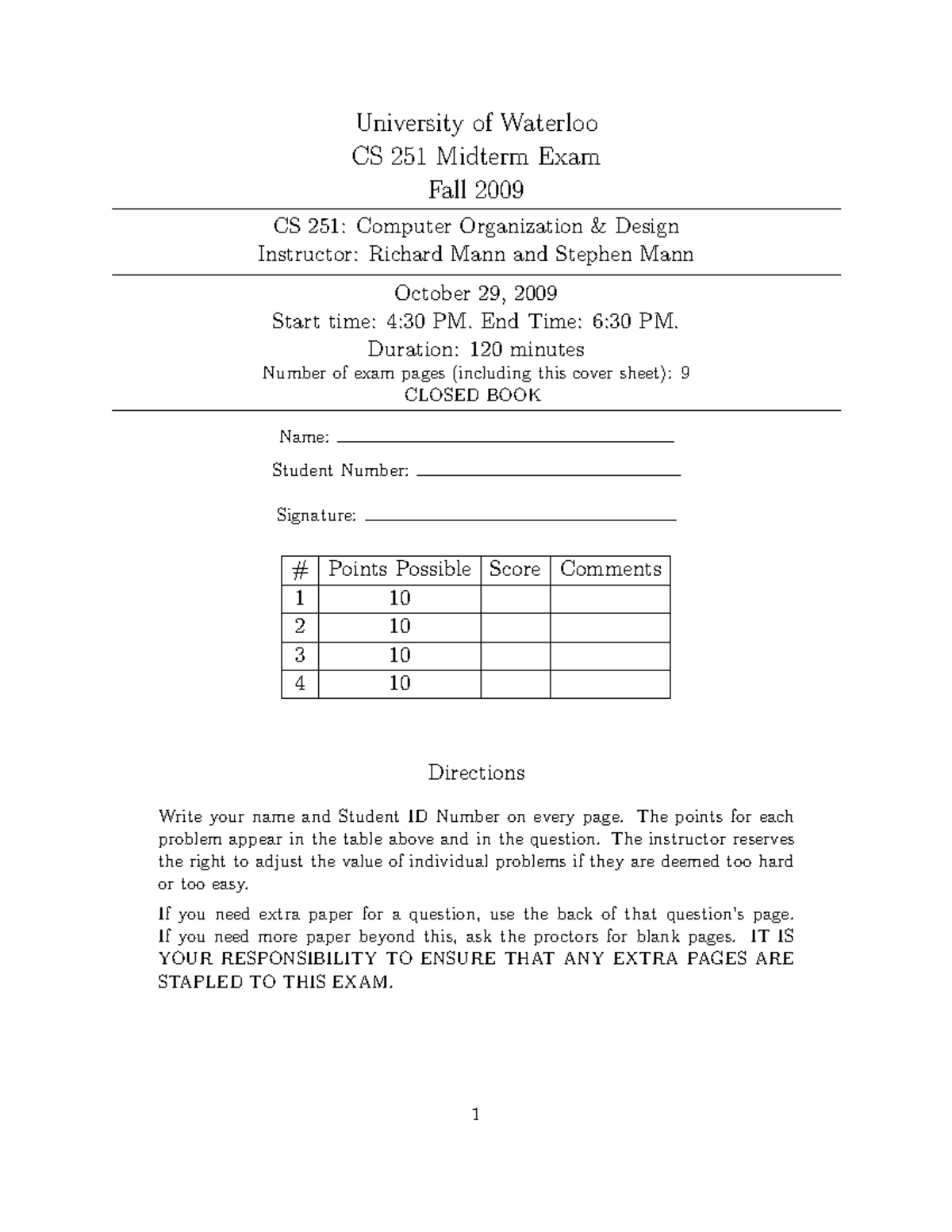Exam 4 November 2009, questions - midterm - University of Waterloo CS ...