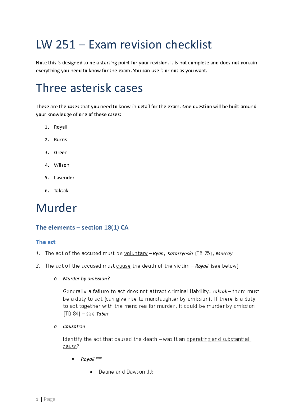 Crim A Revision Note 150524 101 - LW 251 – Exam revision checklist Note ...