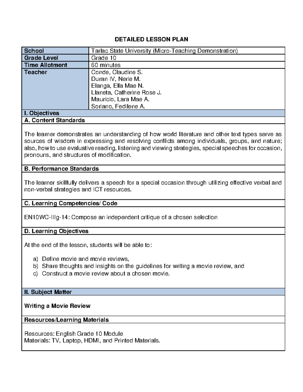 Group 7 Detailed Lesson Plan - DETAILED LESSON PLAN School Tarlac State ...